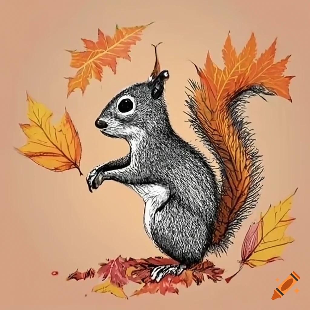 Energetic squirrel collecting acorns among autumn leaves on Craiyon