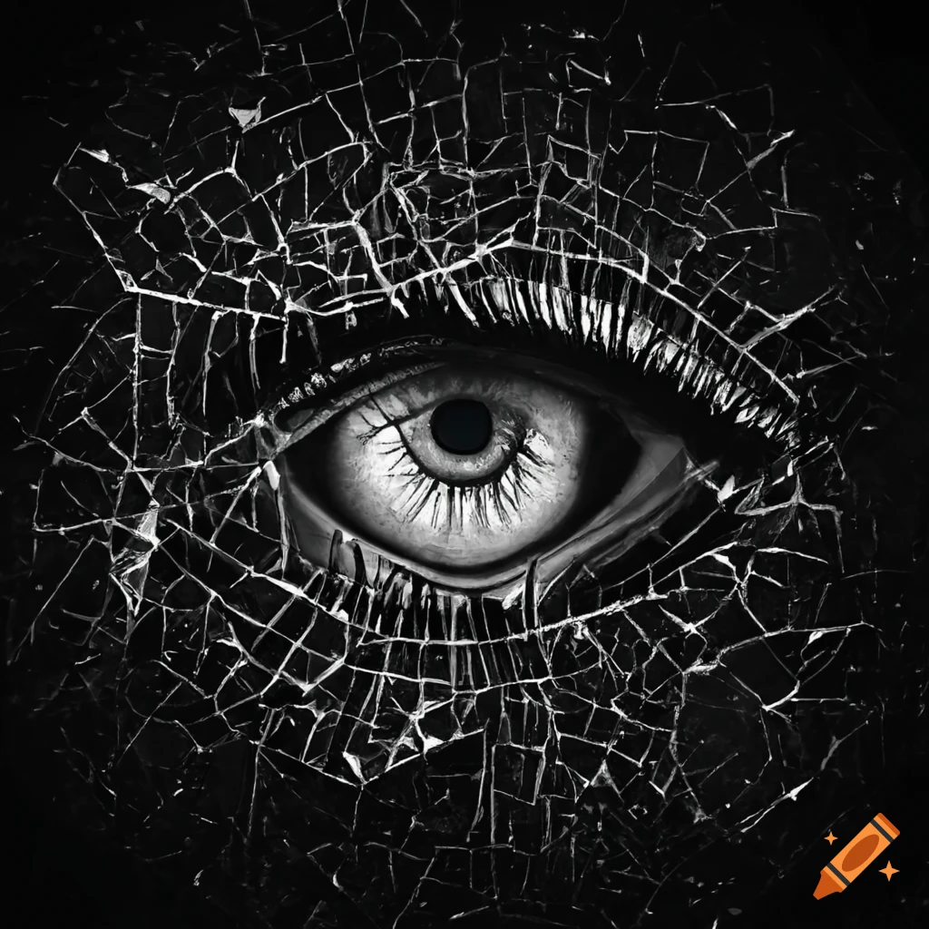 Abstract illuminati crying eye shattered in mosaic in black and white ...