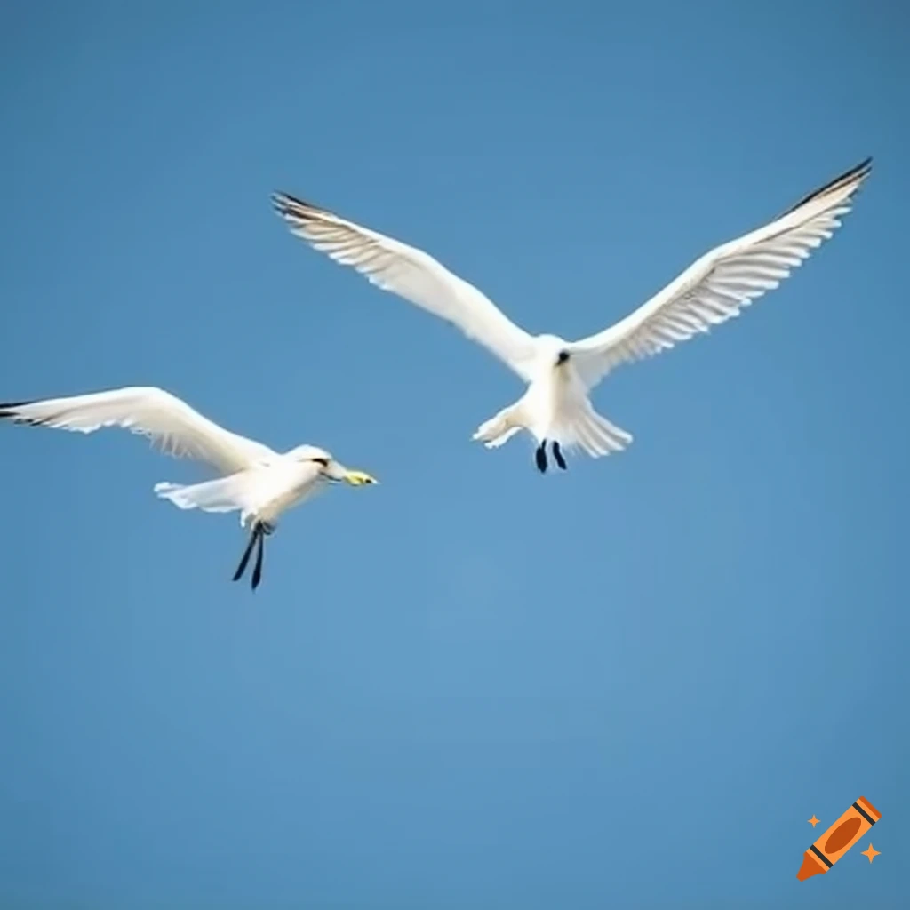 Two white birds flying in the sky on Craiyon