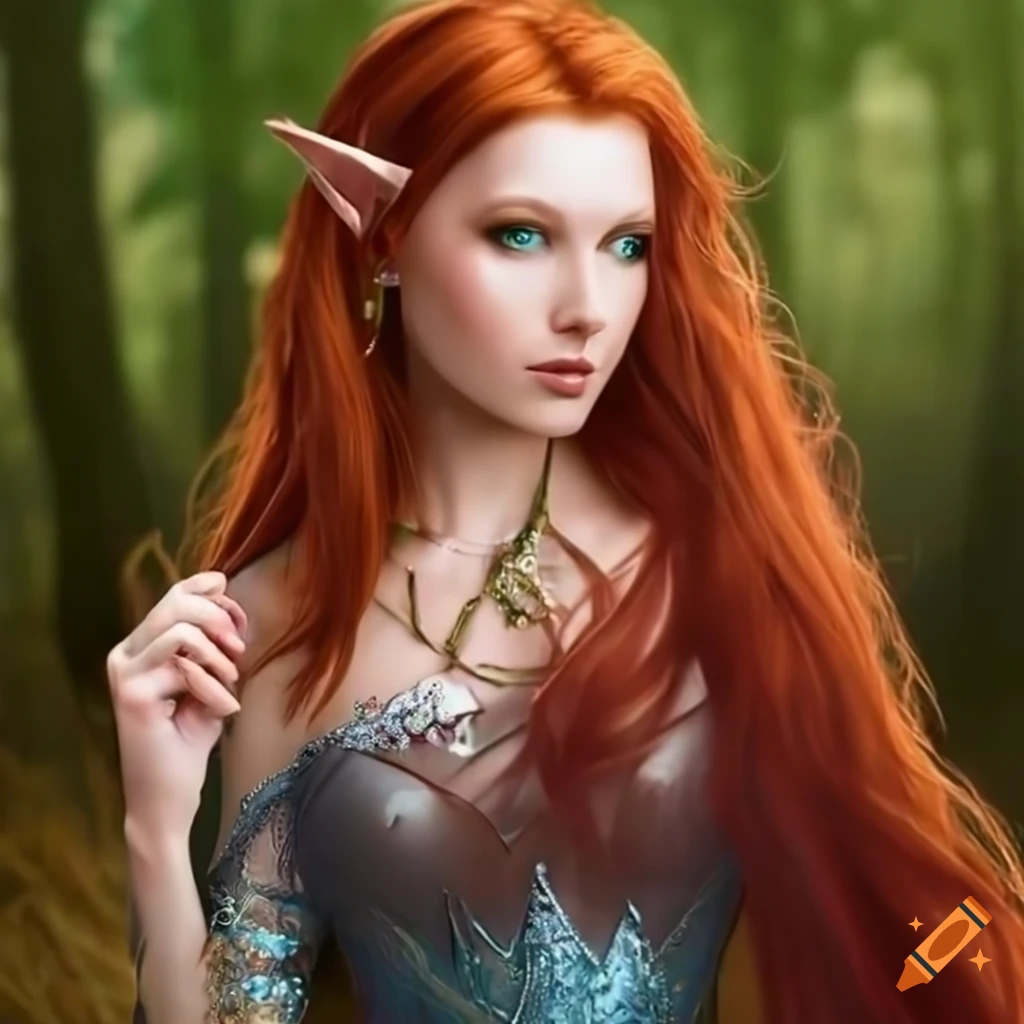Enchanting redheaded high elf princess in a shimmering gown in a forest glade on Craiyon