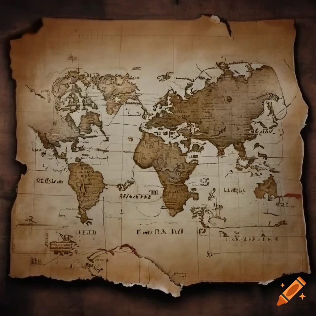 Ancient world map on tattered paper with hieroglyphics on Craiyon