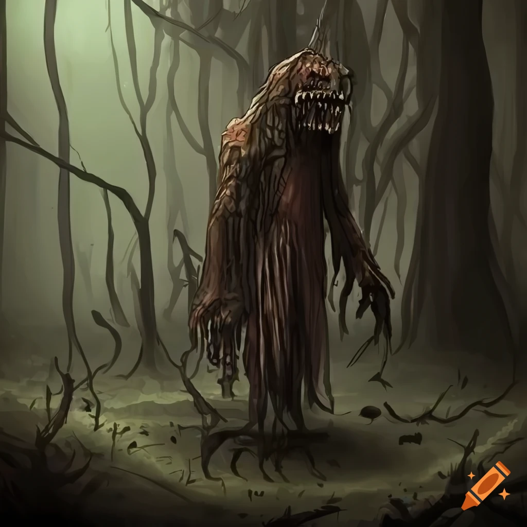Horrendous mutant in a dark forest artwork on Craiyon