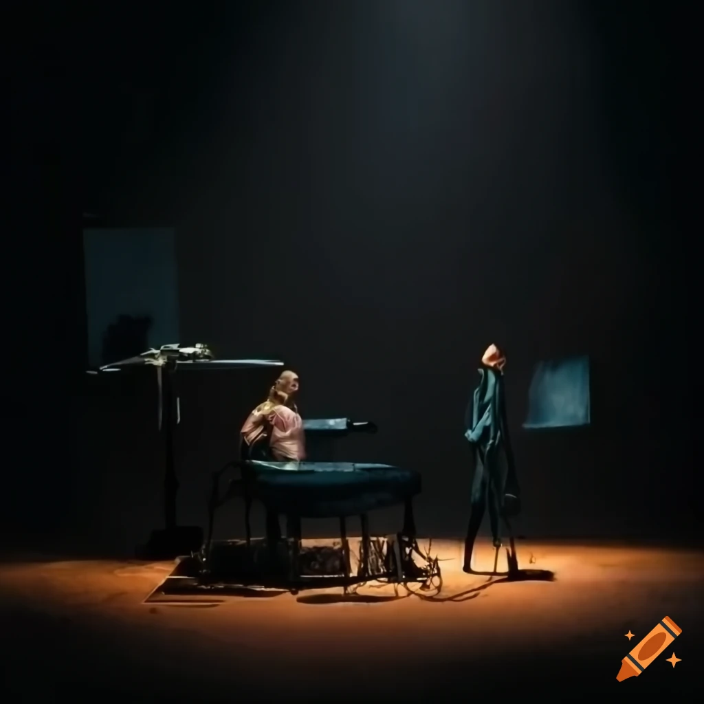 Theatrical stage set for Woyzeck with dark gloomy space, monitors, and ...