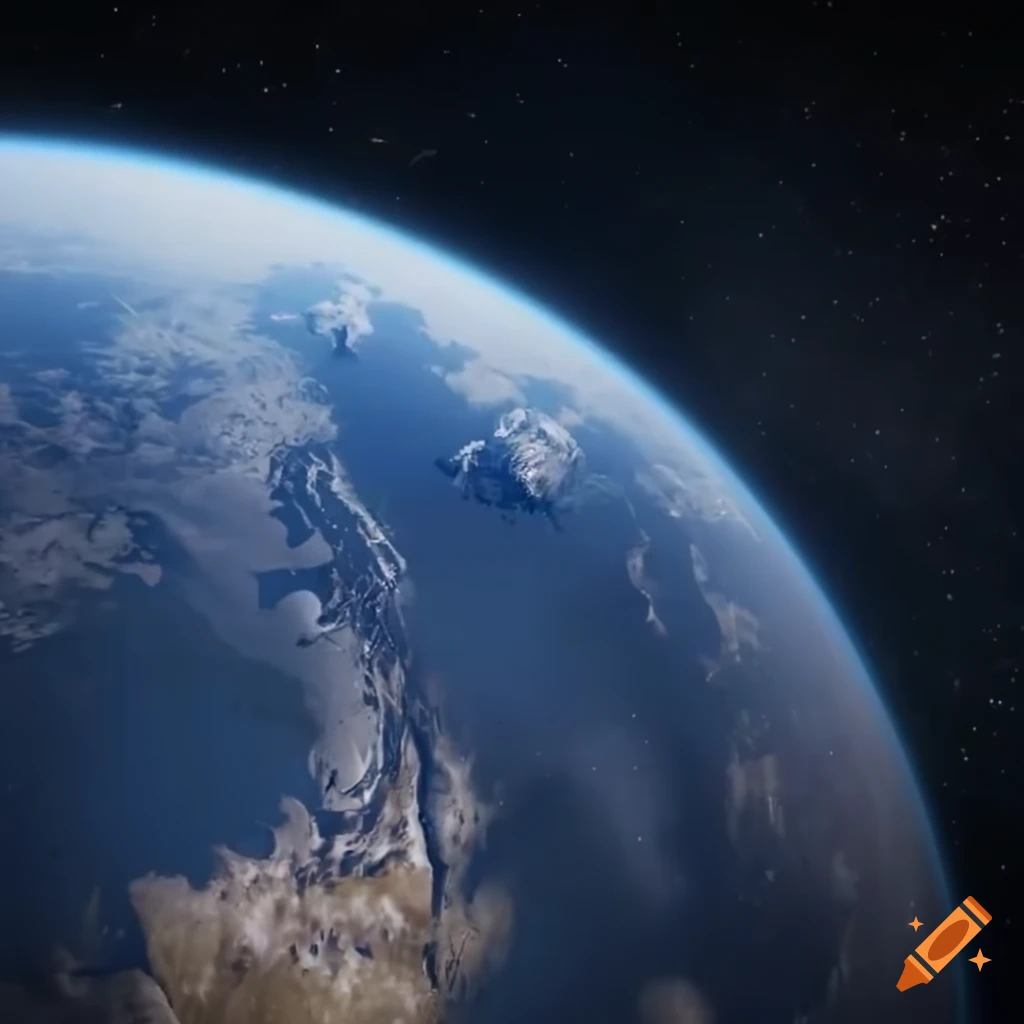 Sci-fi spaceship over an ice planet with a blue atmosphere in space on ...