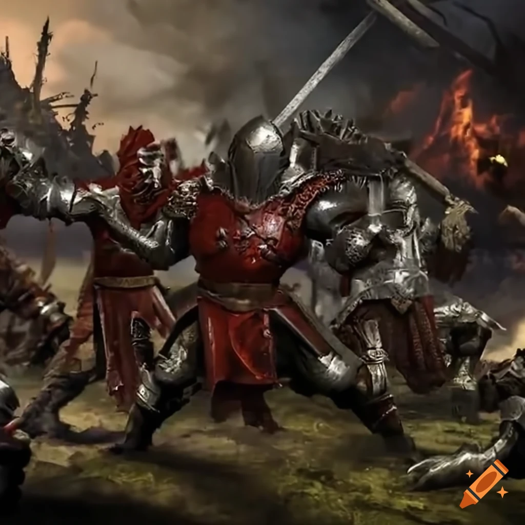 Heroic knight fighting zombies in a dramatic fantasy battle scene on ...