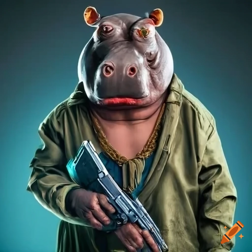 Portrait of a humanoid hippopotamus in hunters clothing with a pistol ...