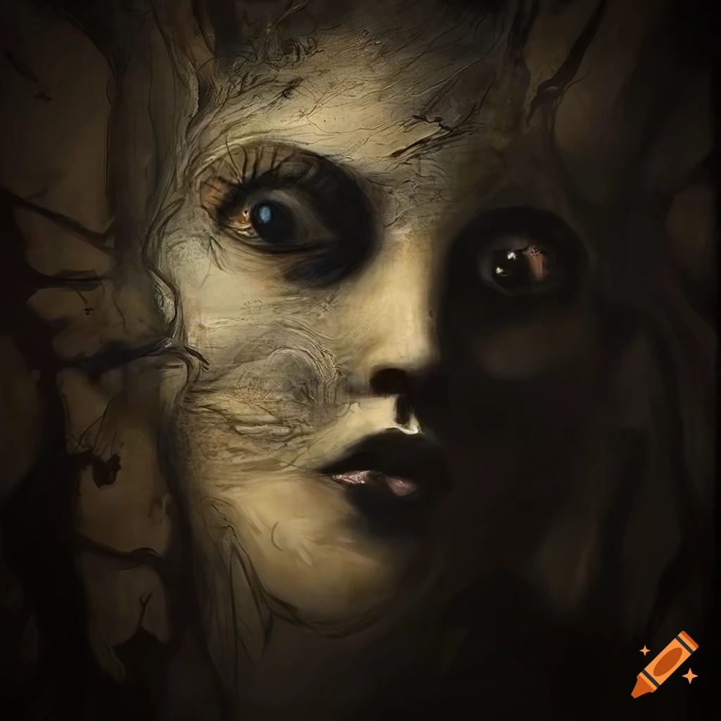 Abstract expressionistic portrait of two unusual pale-faced hairy ...