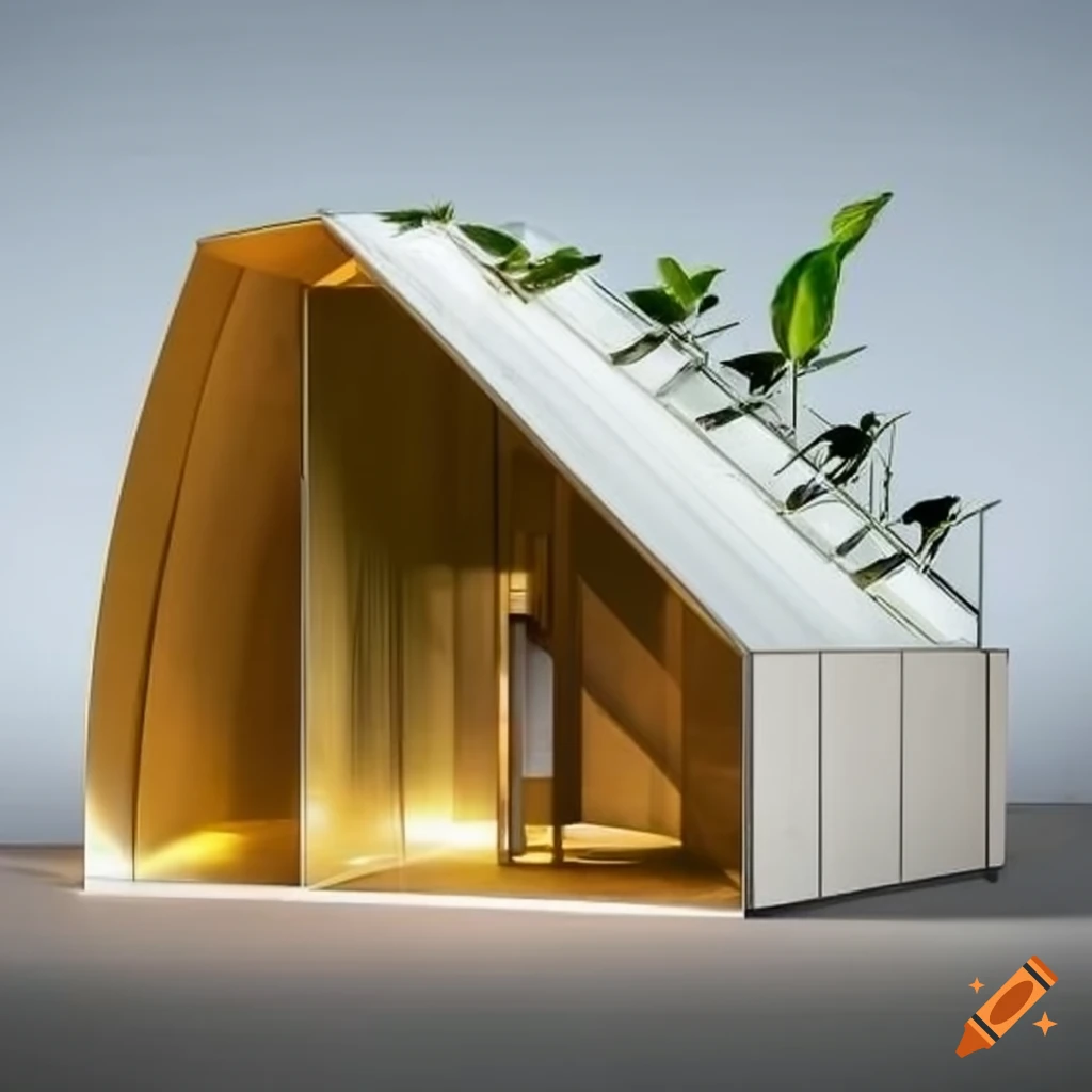 Space-age glass and limestone pod house with plants inside, Japanese ...