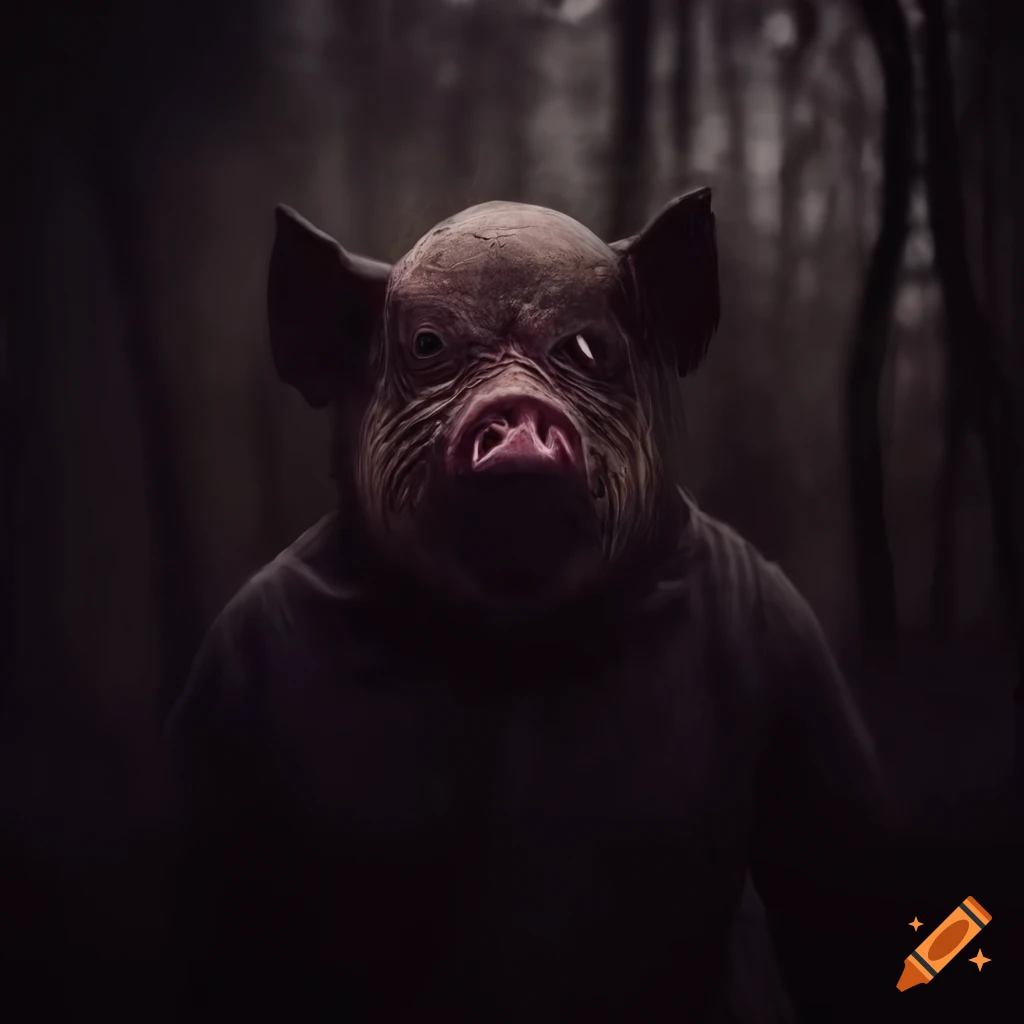 Vintage photo of a mysterious pig man in a forest on Craiyon