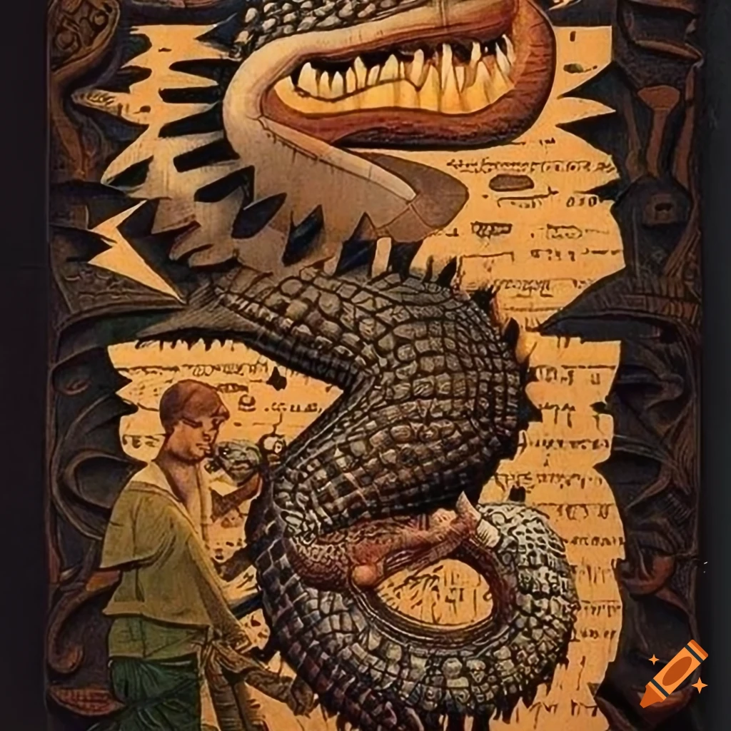 Vintage adventure travel poster with stave carvings and vibrant ...