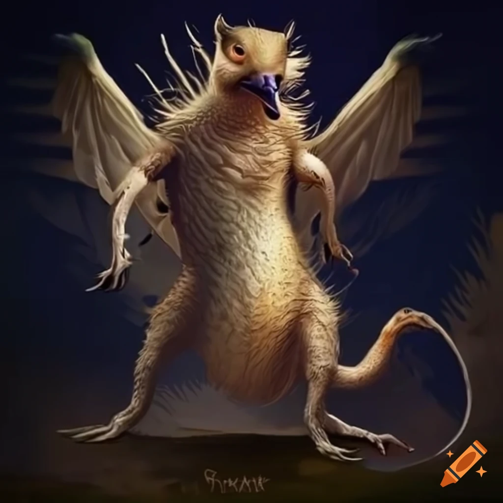 Mythical creature blending goose, raccoon, and lizard features on Craiyon