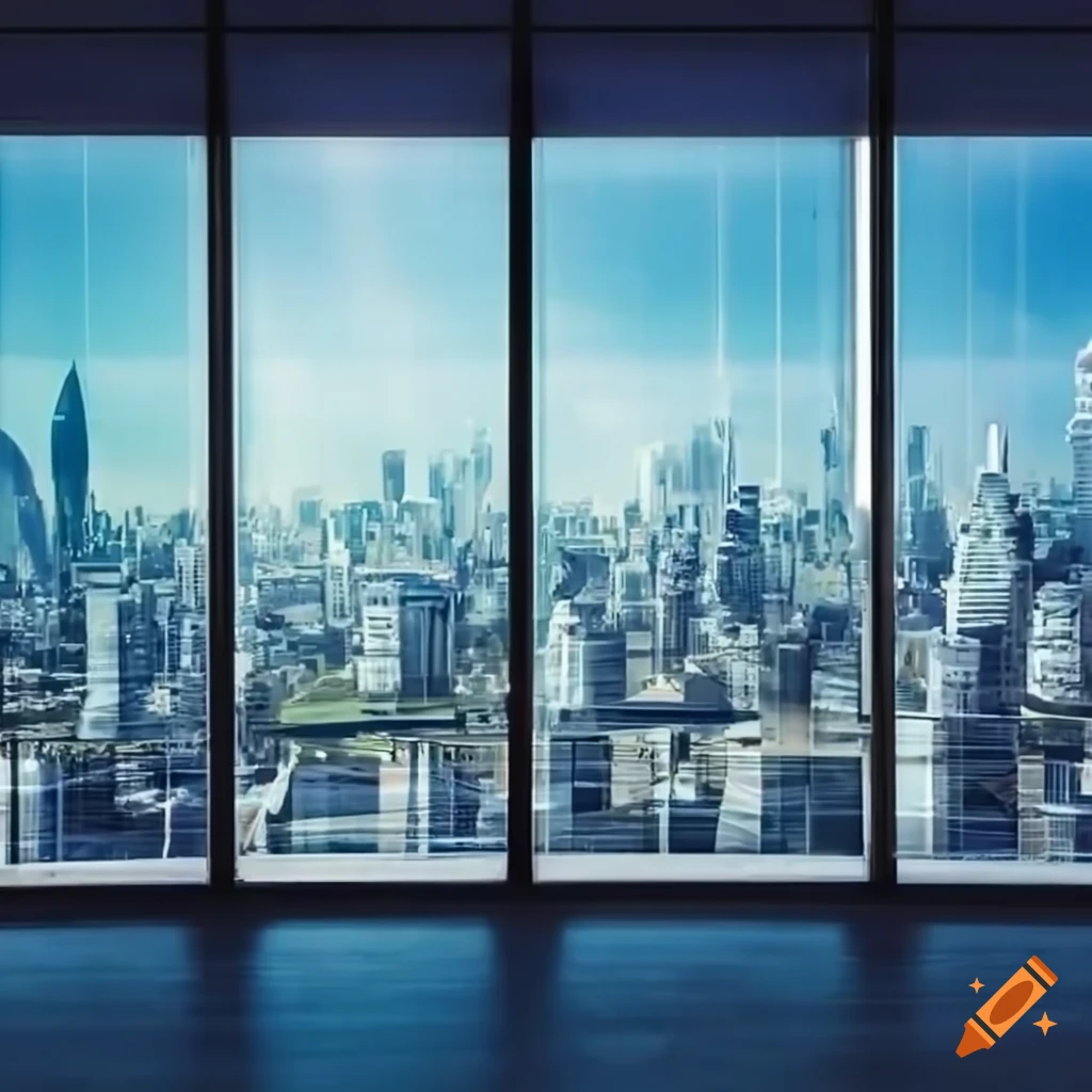View from conference room windows over futuristic city skyline on Craiyon