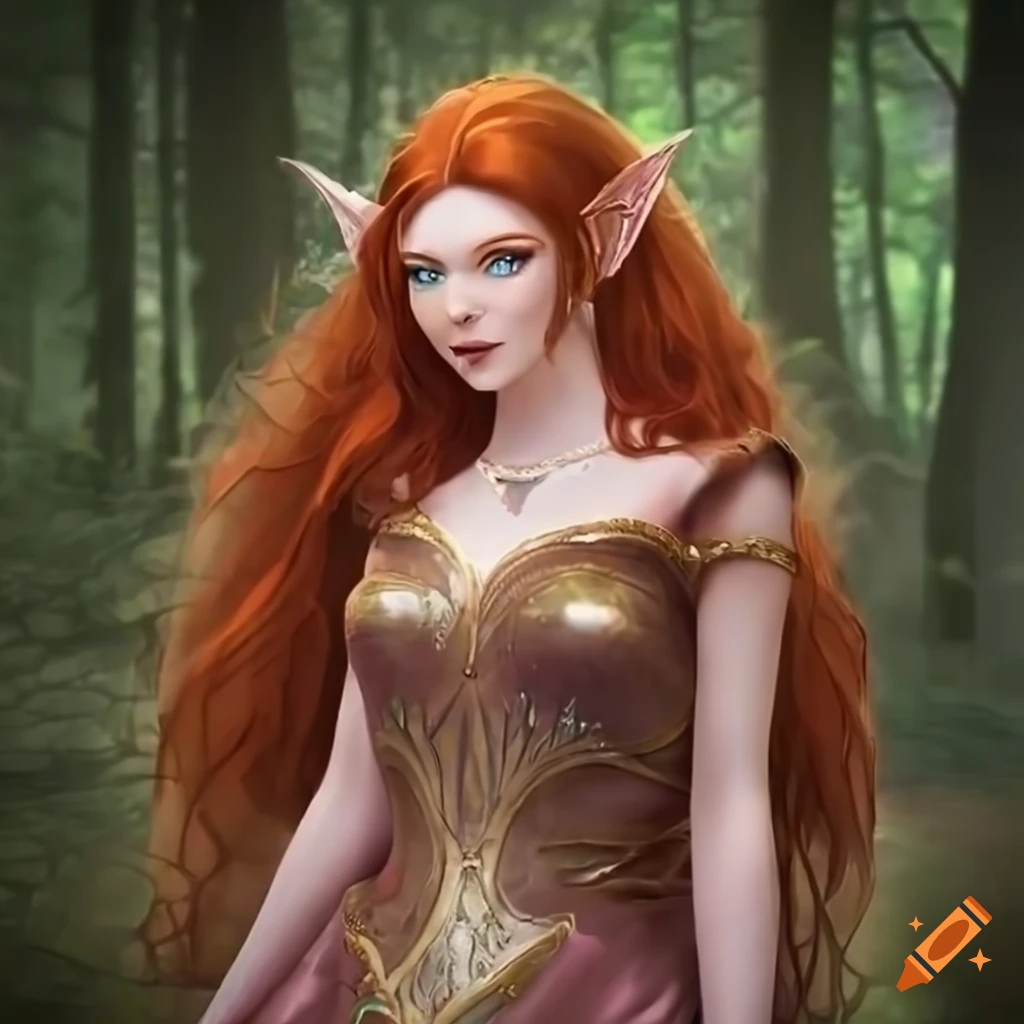 Enchanting redheaded high elf princess in a shimmering gown in a forest glade on Craiyon