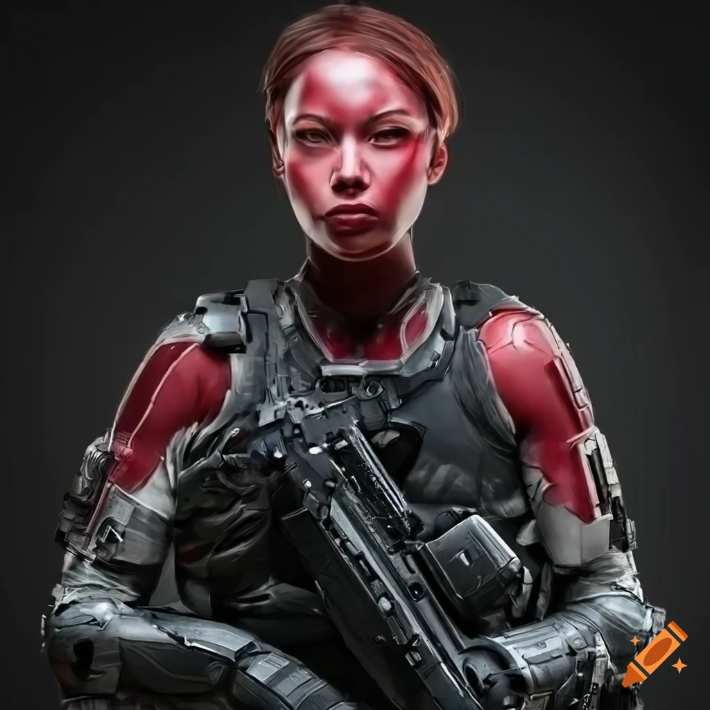 Futuristic female soldier in combat armor with scars and red skin on ...
