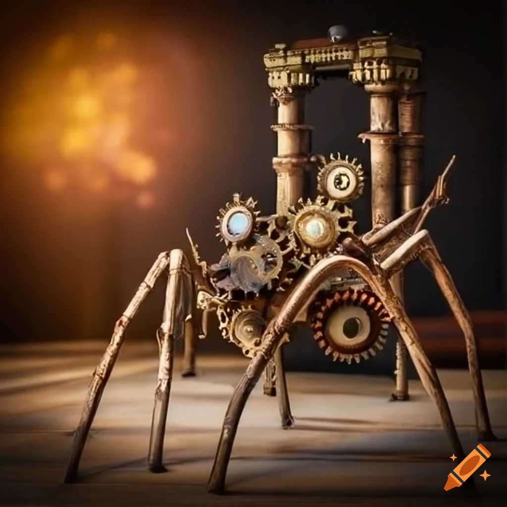 Steampunk spider sculpture with intricate gears and towering chimney on ...