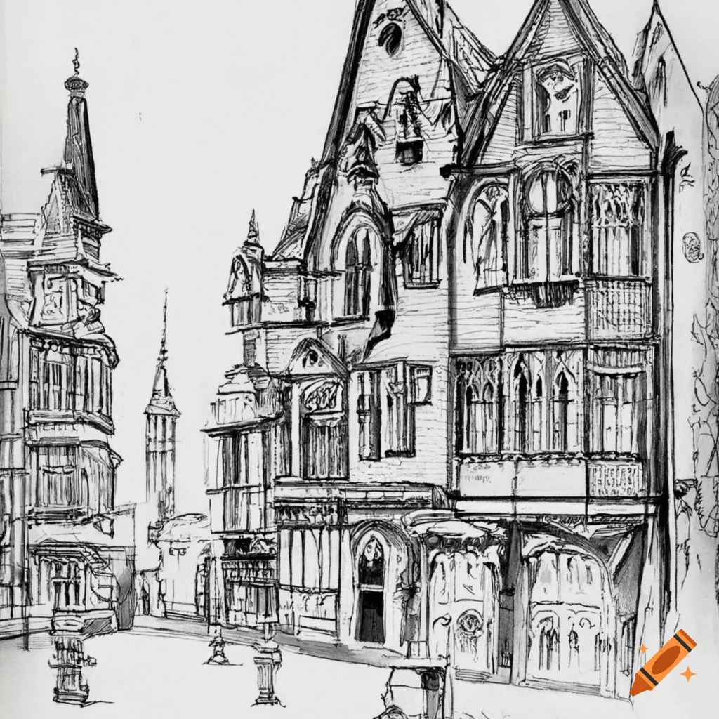 Architectural drawing of a fantasy Victorian gothic town street on Craiyon