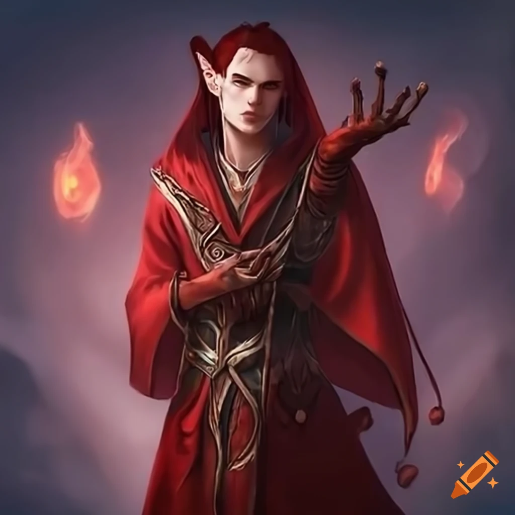 Elegant male elven mage in red robes casting a spell on Craiyon