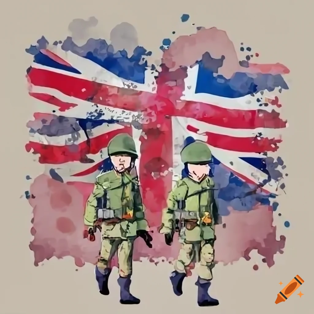 Group of soldiers marching in front of a british flag cartoon on Craiyon