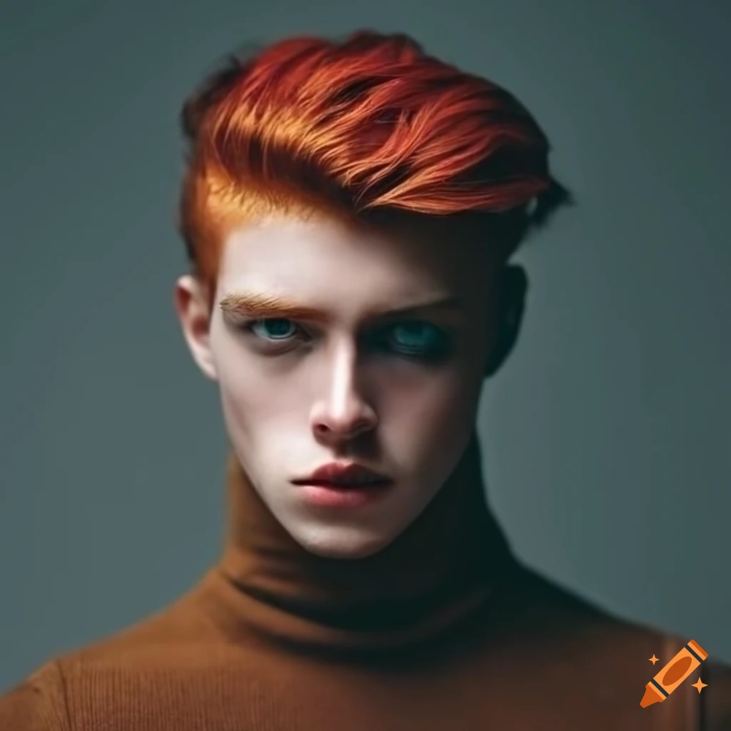 Red-haired man with undercut hairstyle and red turtleneck in front of ...