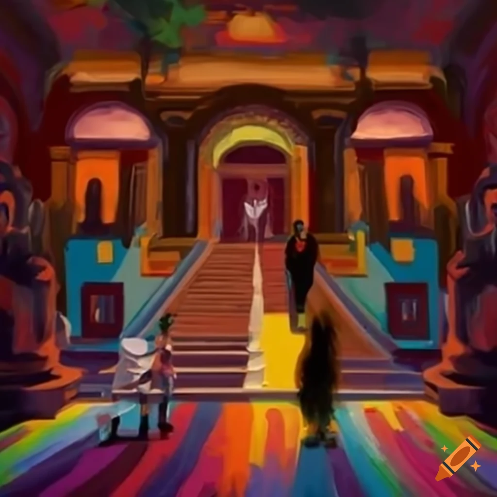 Cinematic museum scene with interactive exhibits and people of all ages ...