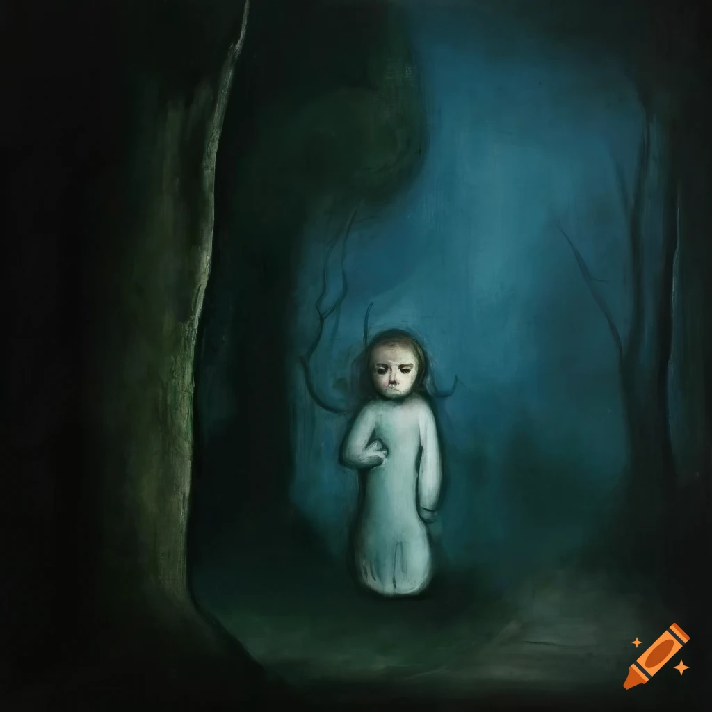 Child in a dark alley with a mystical forest inspired by Hieronymus ...