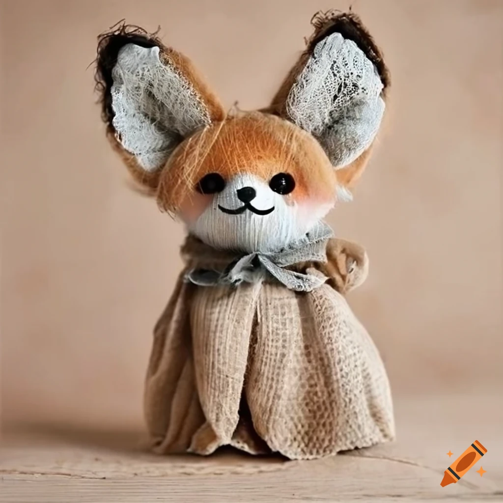 Cute Fennec Fox vintage burlap chiffon doll with colorful patterns on ...