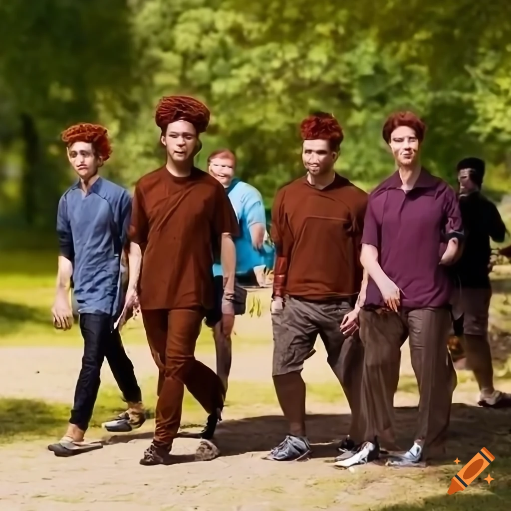 Group of men with maroon hair and Arabic features walking past tents in ...