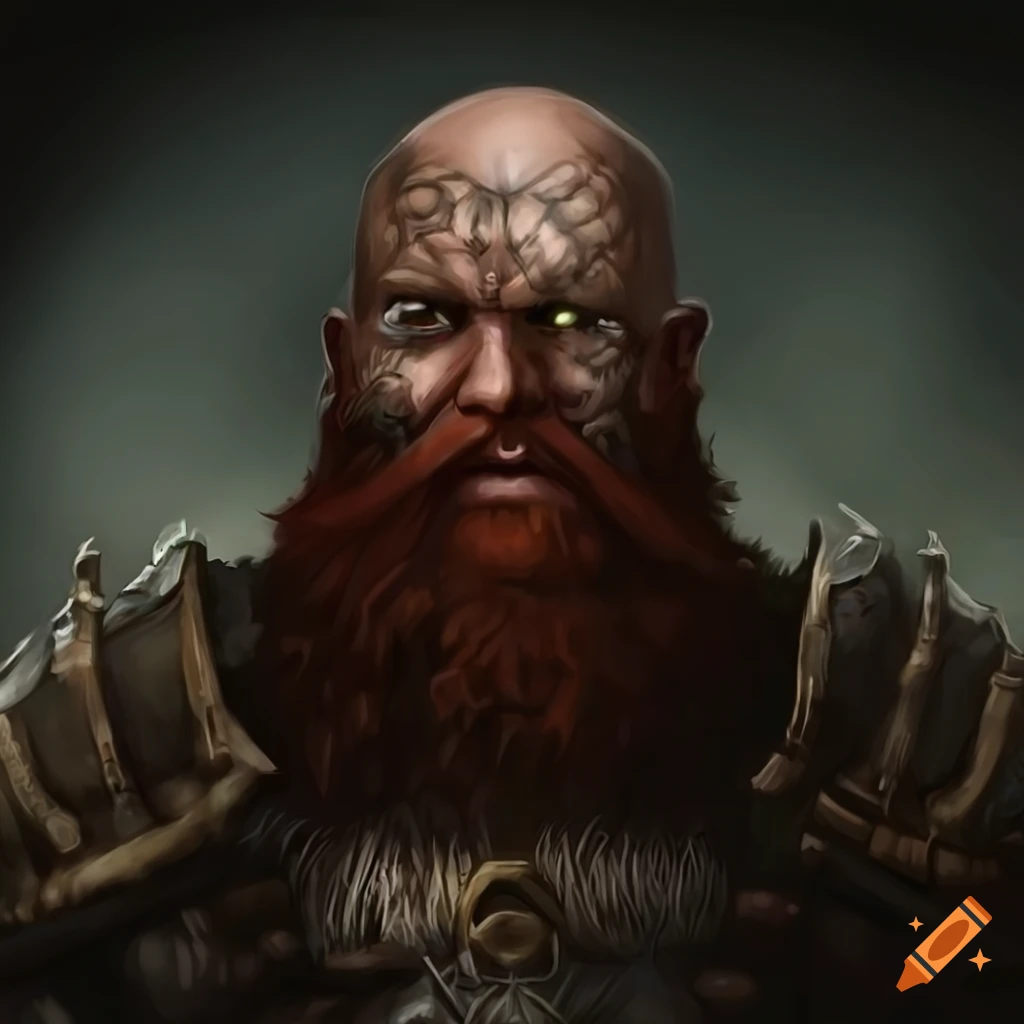 Detailed portrait of a black bearded and bald dwarf warrior in ...