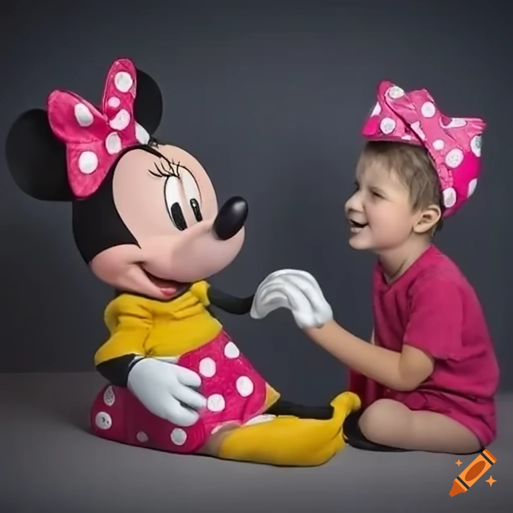 Minnie mouse setting a boy in a cozy corner and giving him a hug on Craiyon