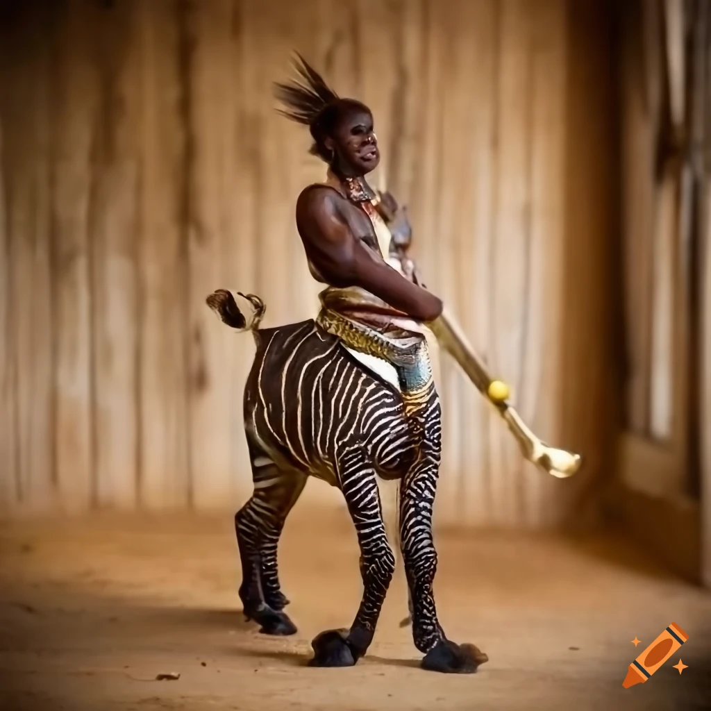 Young african zebra-centaur warrior with gold body harness in a stable ...