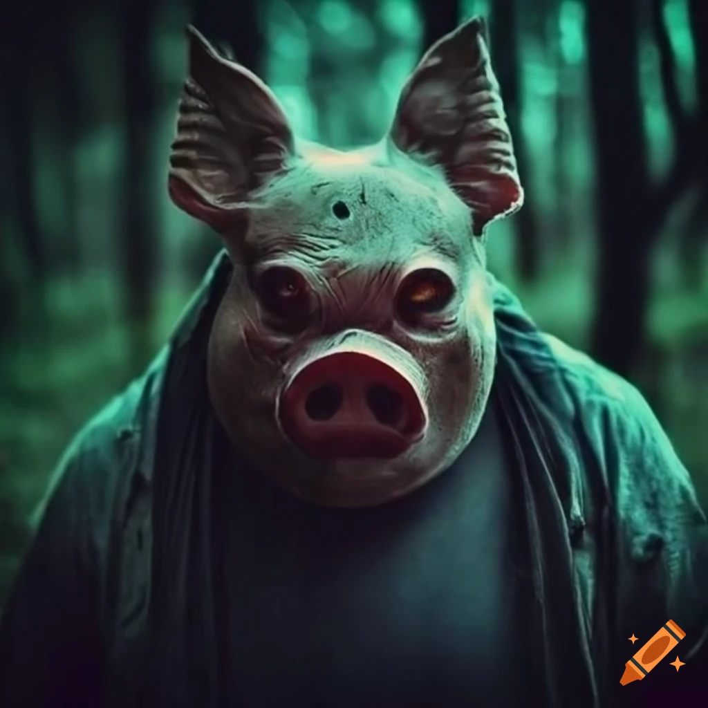 Vintage photo of a mysterious pig man in a forest on Craiyon