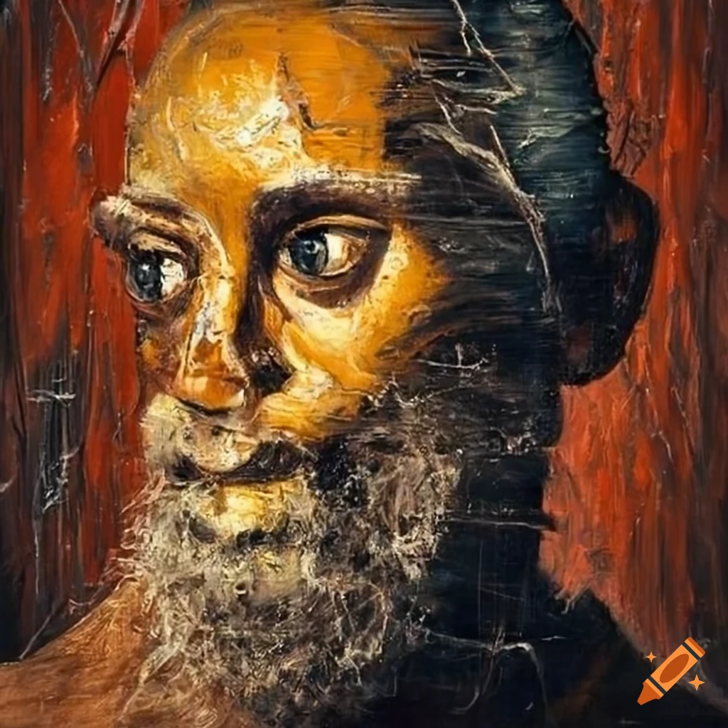 Abstract expressionistic oil painting of a mature profile portrait on ...