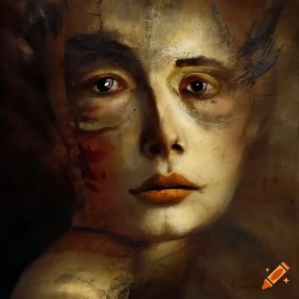 Abstract expressionistic portrait of unusual pale faced female ...