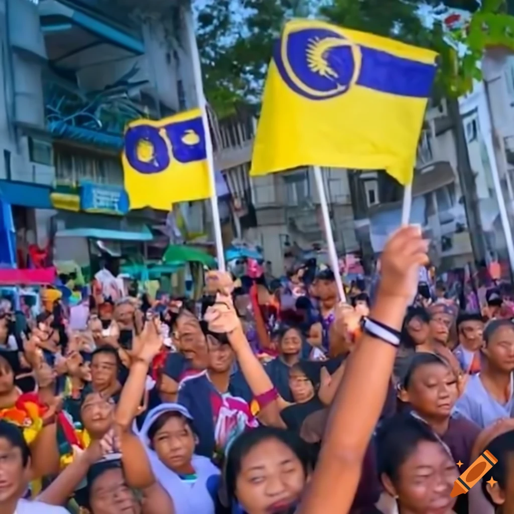 People holding yellow flags at a city square in pulau rintis, malaysia ...