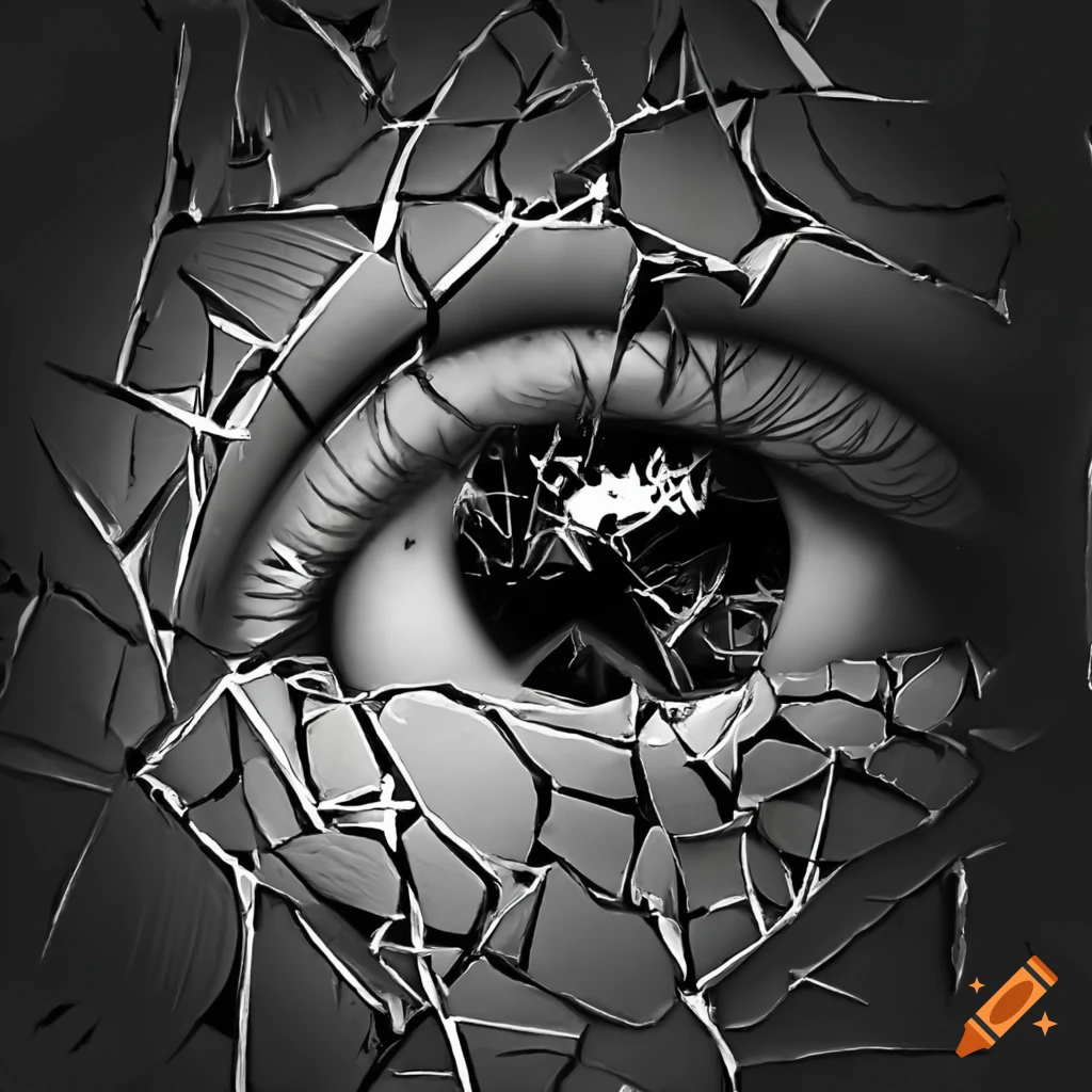 Abstract crying eye in shattered mosaic, black and white on Craiyon