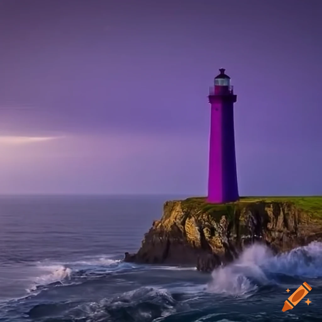 Purple lighthouse on a cliff overlooking the crashing waves, french ...