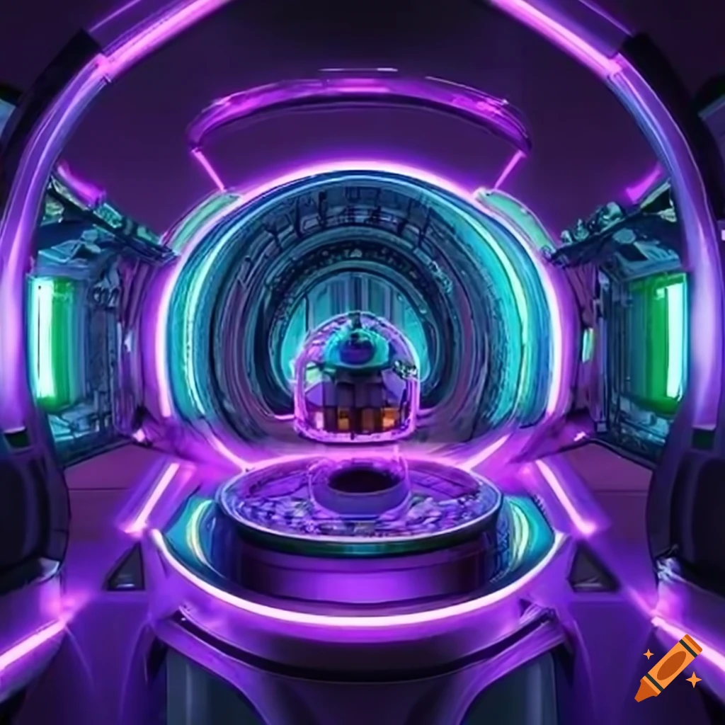 Futuristic room with time machine and floating holograms on Craiyon