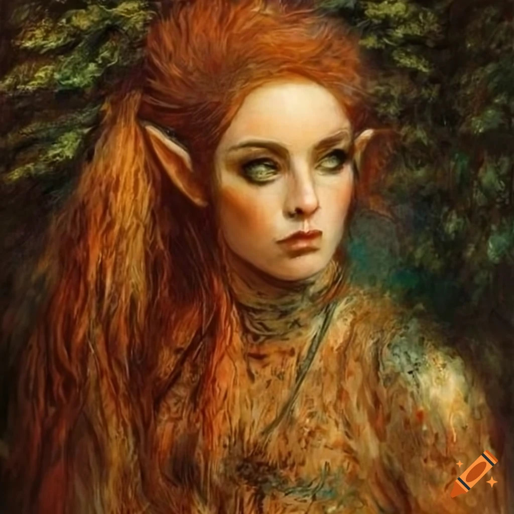 Medieval artwork of an elf fire witch in a vibrant autumn forest ...