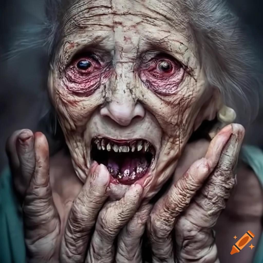 Disturbed old woman with sharp teeth and twisted features on Craiyon