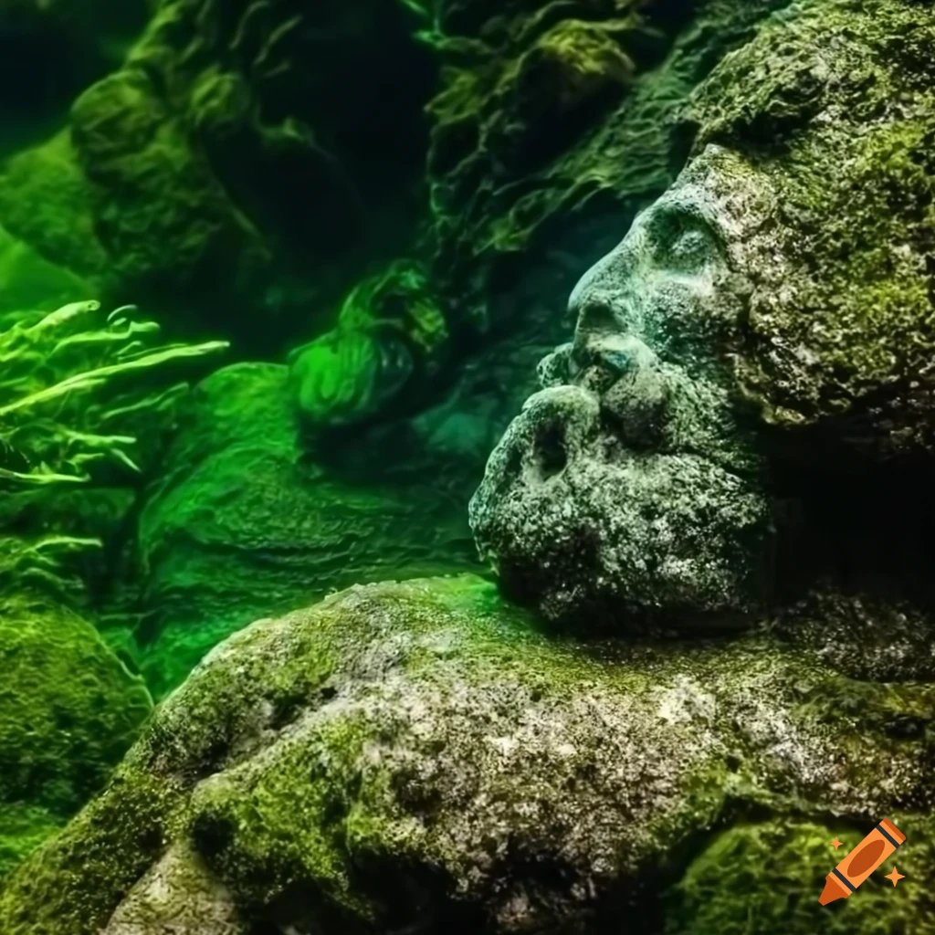 Ancient underwater statue of an elegant bearded god in a moss-covered ...