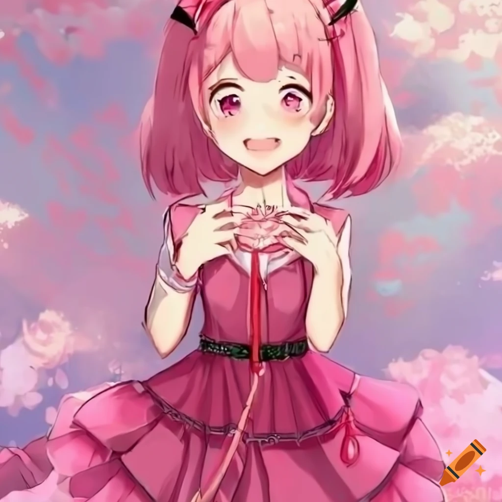 Full portrait of super happy Natsuki with pink hair and cute pose on Craiyon