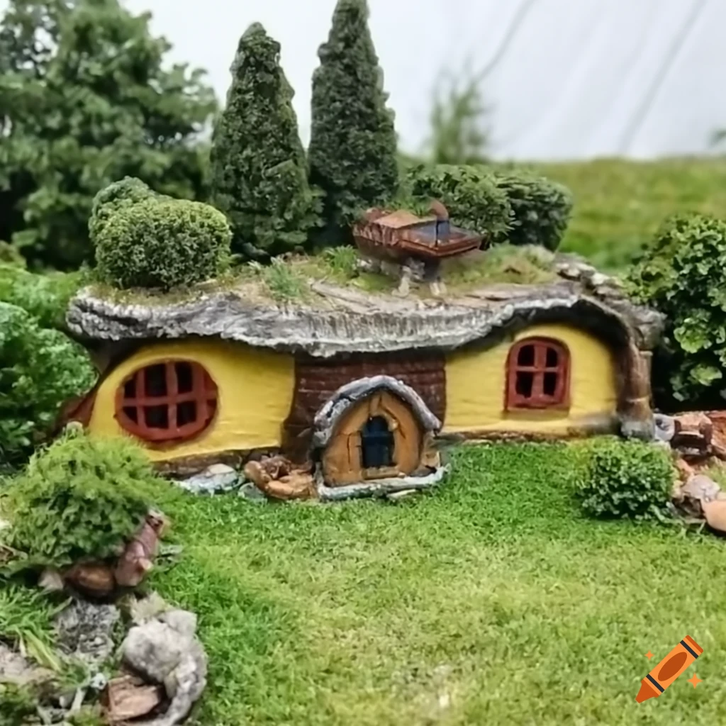 Village of miniature hobbit houses in a tiny diorama on Craiyon