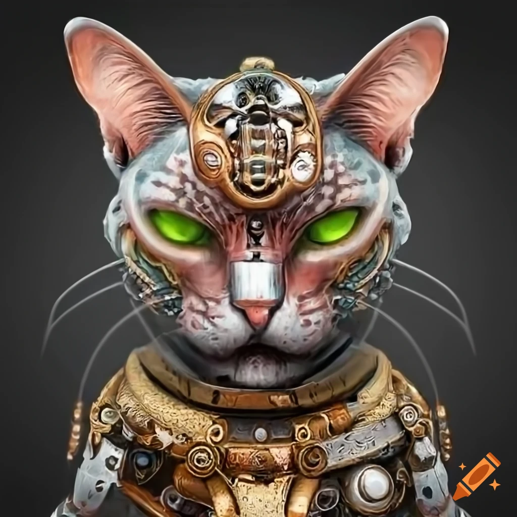Steampunk cyborg cat in extreme detail and hyper-realistic style on Craiyon