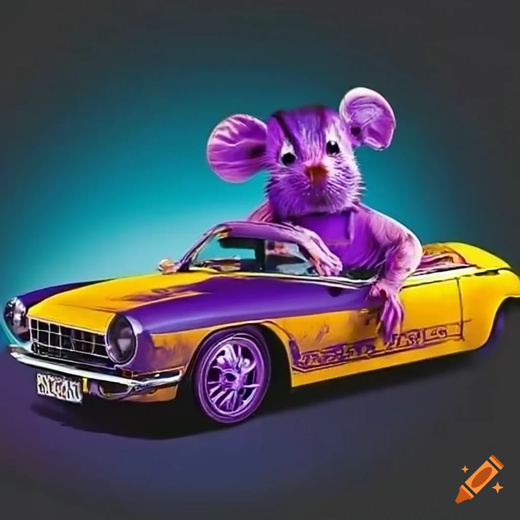 Purple rat driving a yellow convertible on Craiyon