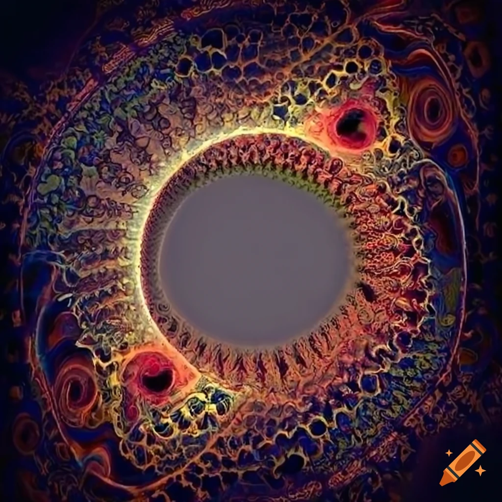 Abstract fractal frame with reflective parts and a character resembling ...