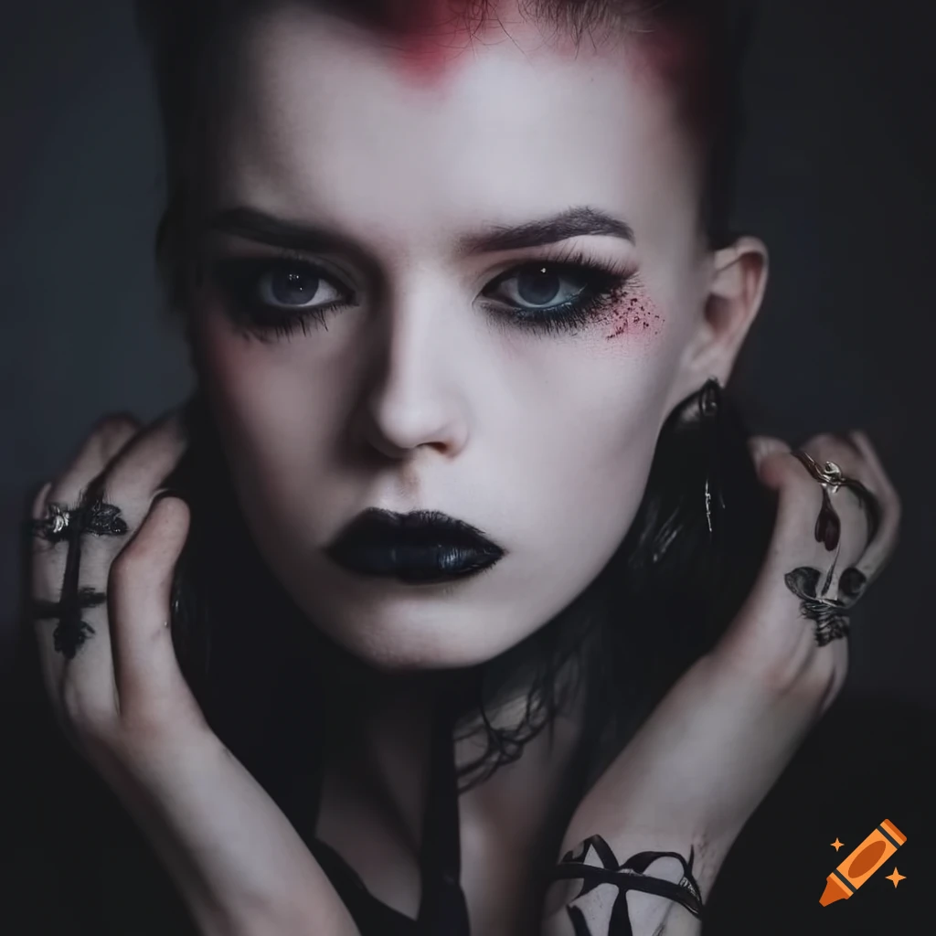 Androgynous femme with tattooed face and hand in punk gothic style on ...
