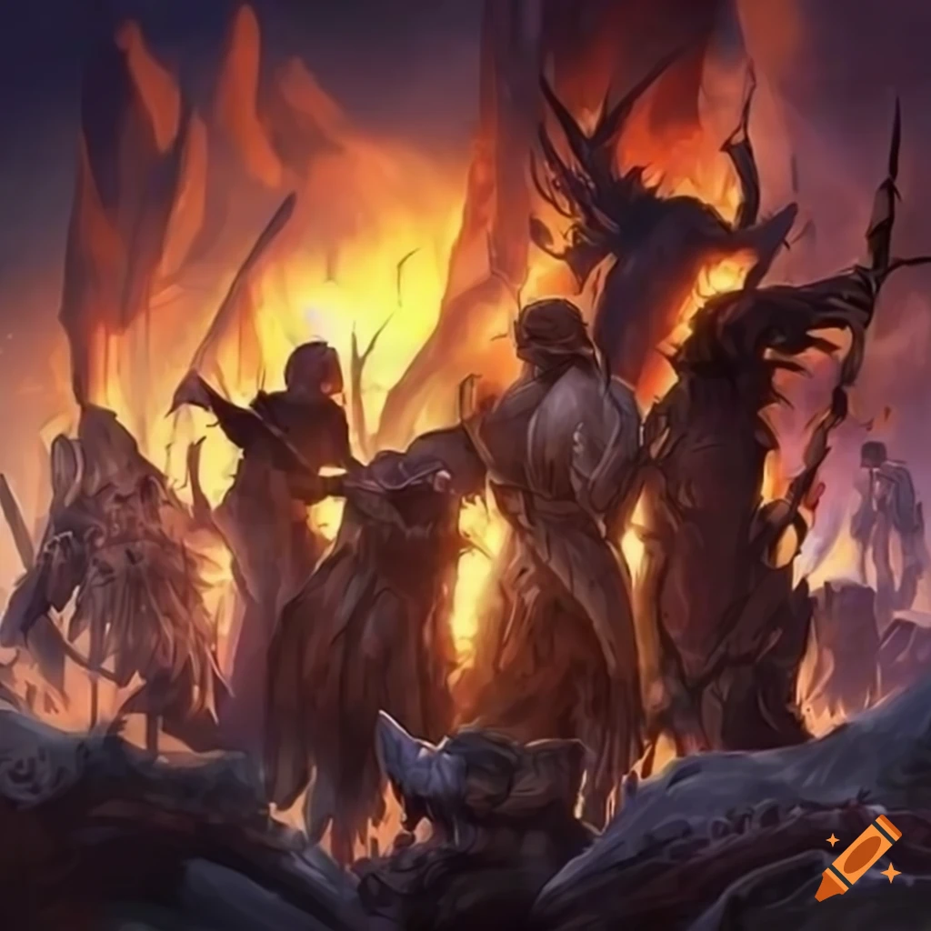 Heroes from a fantasy world in a fierce battle on Craiyon