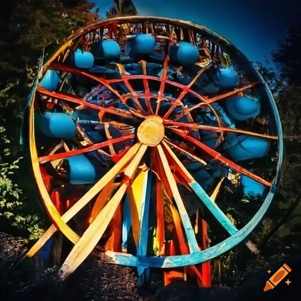 Colorful wooden Ferris wheel in backyard near the woods on Craiyon