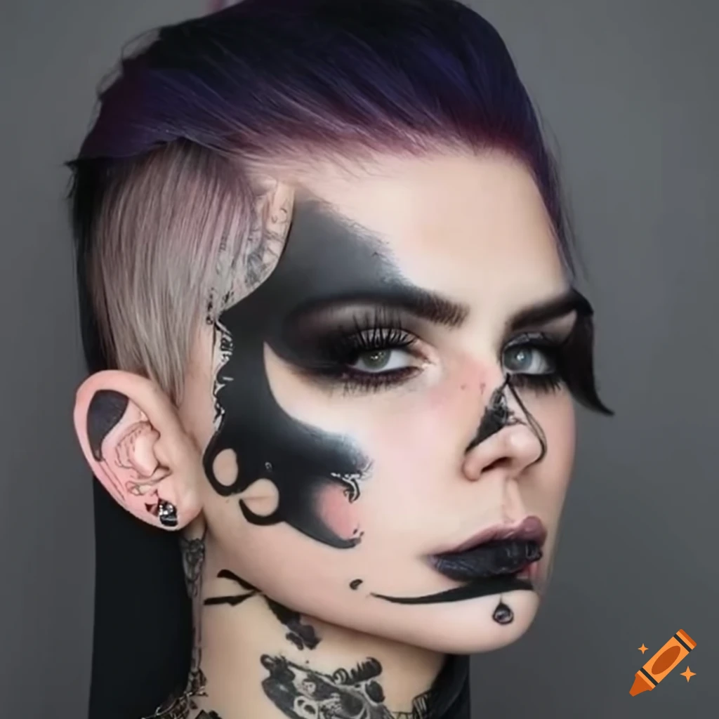 Androgynous punk woman with shaved head and metal-style tattoos on Craiyon