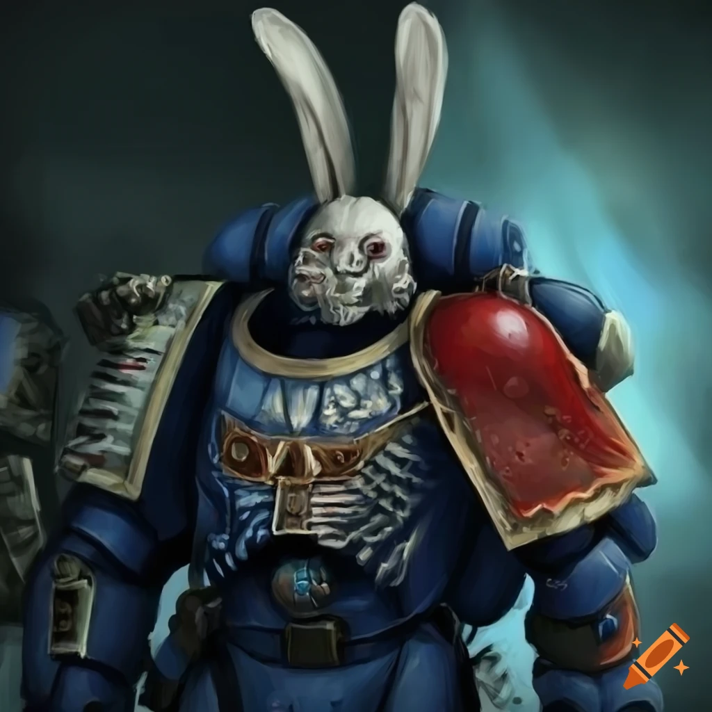 Rabbit space marine from Warhammer 40,000 with a rabbit head on Craiyon